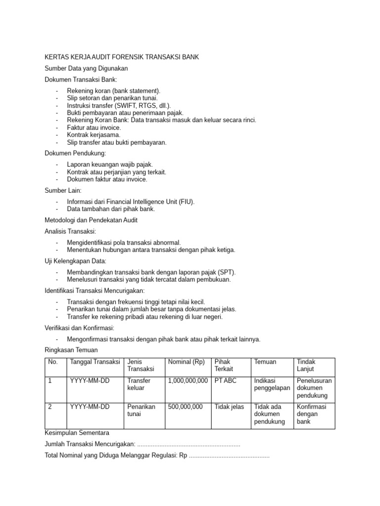 KERTAS KERJA AUDIT FORENSIK TRANSAKSI BANK | PDF
