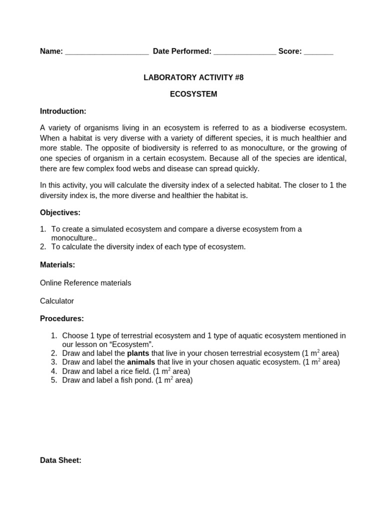 Lab Act 8 Ecosystem | PDF | Biodiversity | Ecosystem