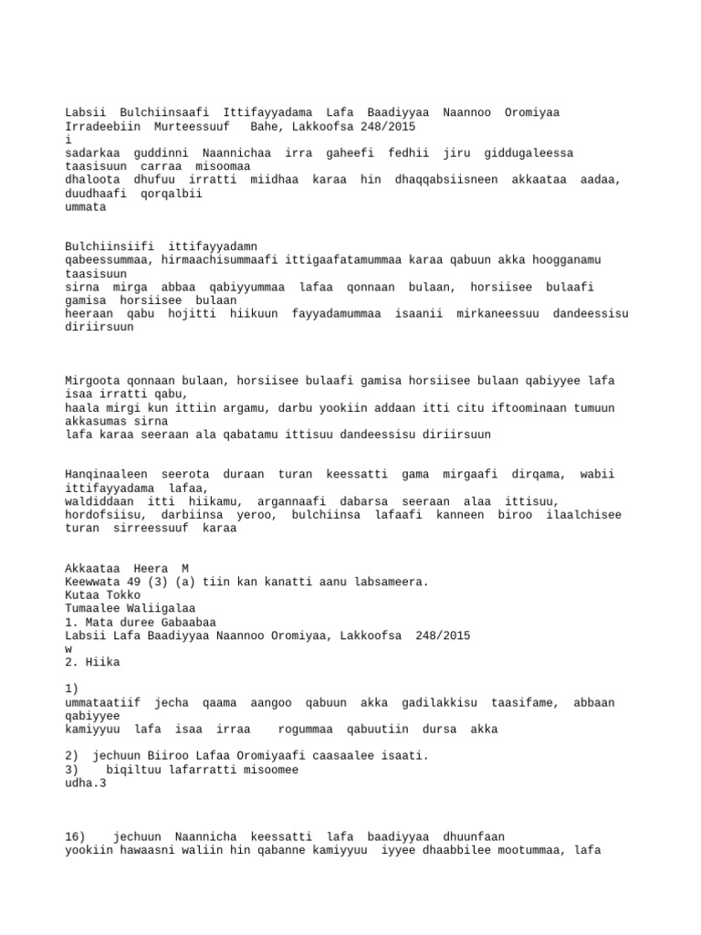 Labsii Lak 248 2015 Labsii Bulchiinsaafi Ittifayyadama Lafa Baadiyyaa | PDF