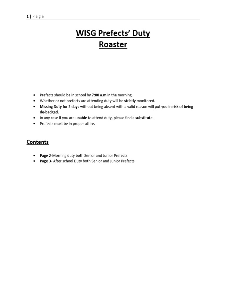 WISG Prefects Duty Roaster UPDATED | PDF