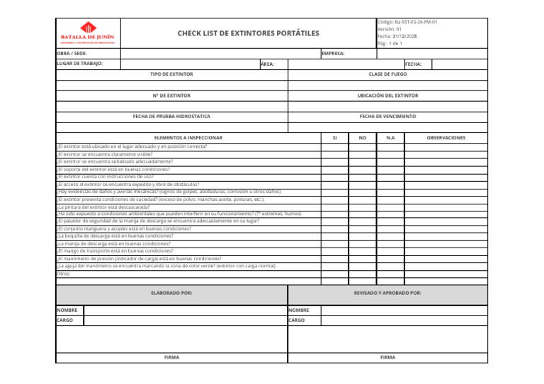 BJ-SST-ES-26-FM-01 Check List Extintores Portátiles Ver. 01 | PDF