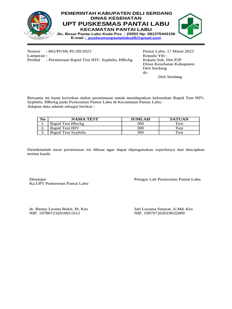 Permintaan Rapid Test Kesehatan Deli Serdang | PDF