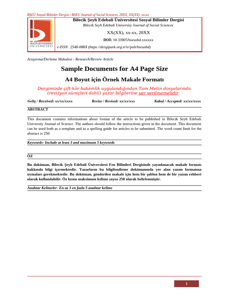 Sample Documents For A4 Page Size: A4 Boyut Için Örnek Makale Formatı | PDF