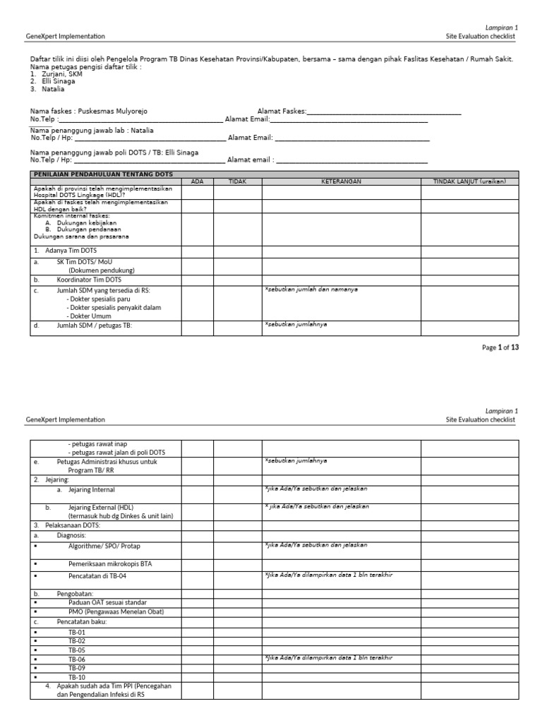 Form Daftar Tilik Asesmen GeneXpert 1 (Lampiran 1) Rev2016 | PDF