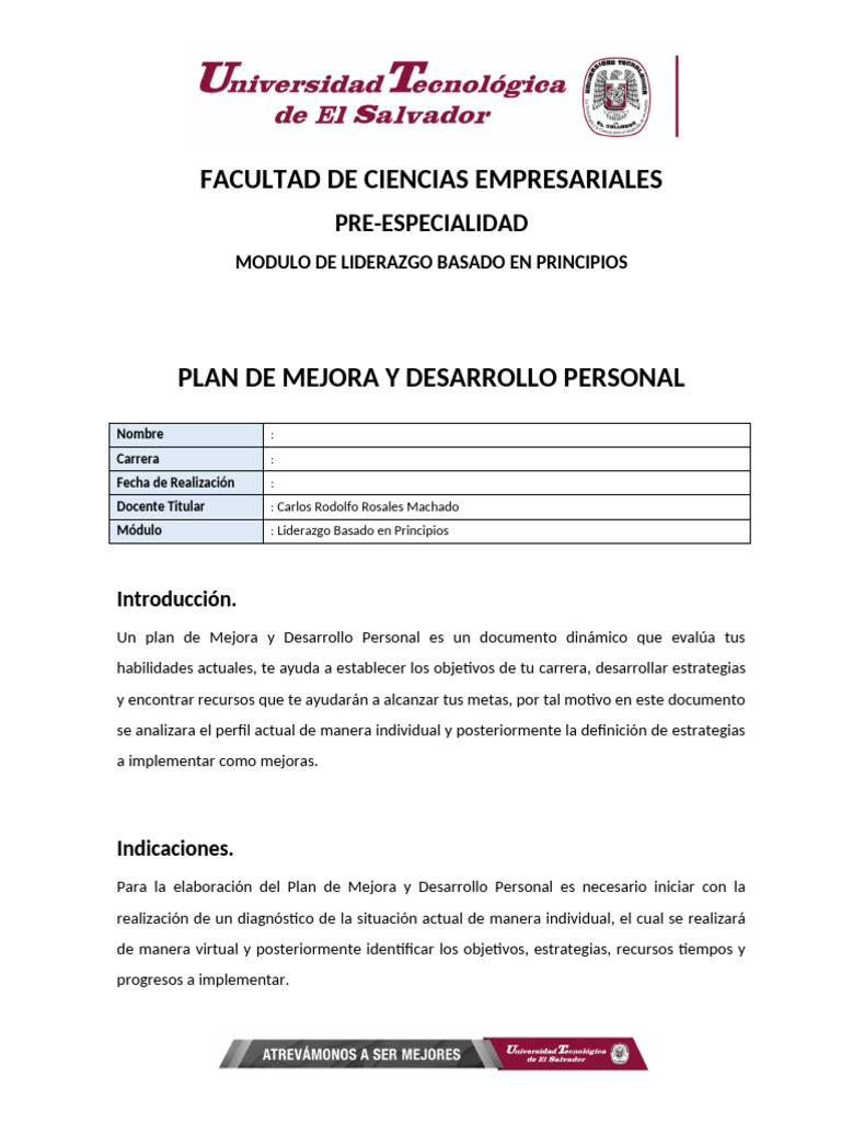 Plan de Mejora | PDF | Liderazgo | Objetivo