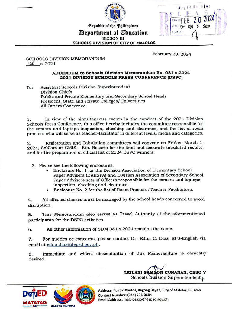 DM 134 S 2024 Addendum To Schools Division Memorandum No. 81 S 2024 ...