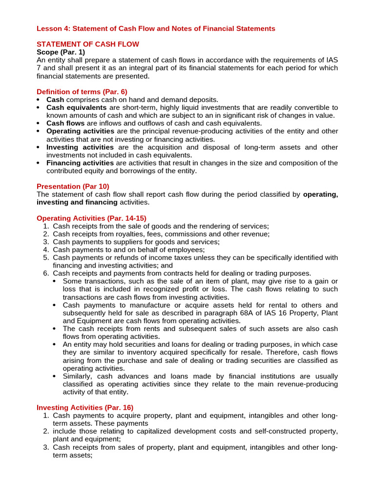 Lesson 4 Statement of Cash Flow and Notes of Financial Statements | PDF ...
