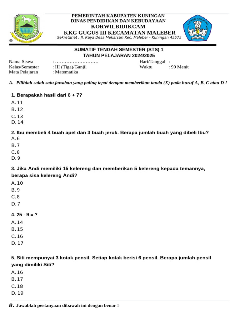 Soal Matematika KLS 3 2024-2025 | PDF