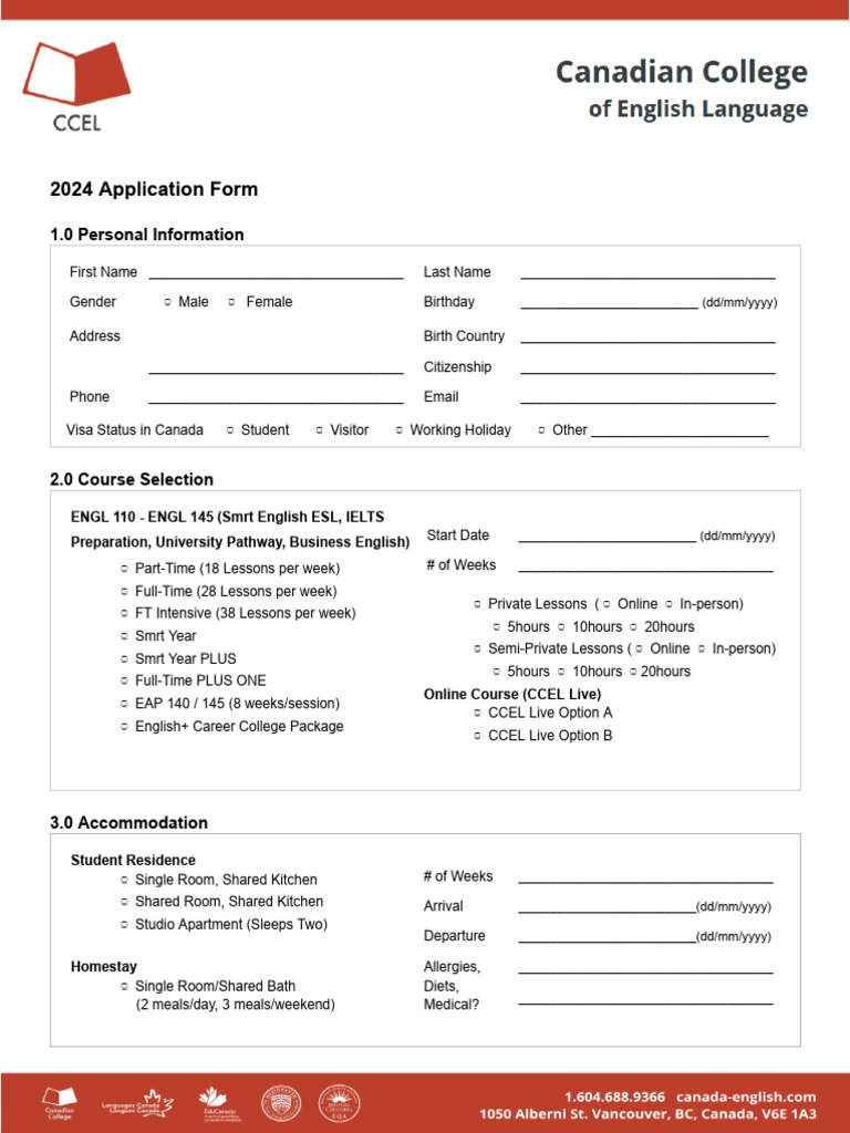 2024 Application Form for ESL Courses | PDF | Tuition Payments | Fee
