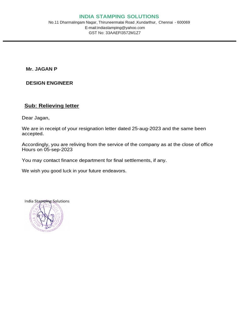 INDIA STAMPING SOLUTIONS - Docx Reliving Letter | PDF
