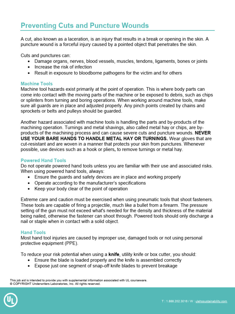 Preventing Cuts and Puncture Wounds Job Aid | PDF | Wound | Blade