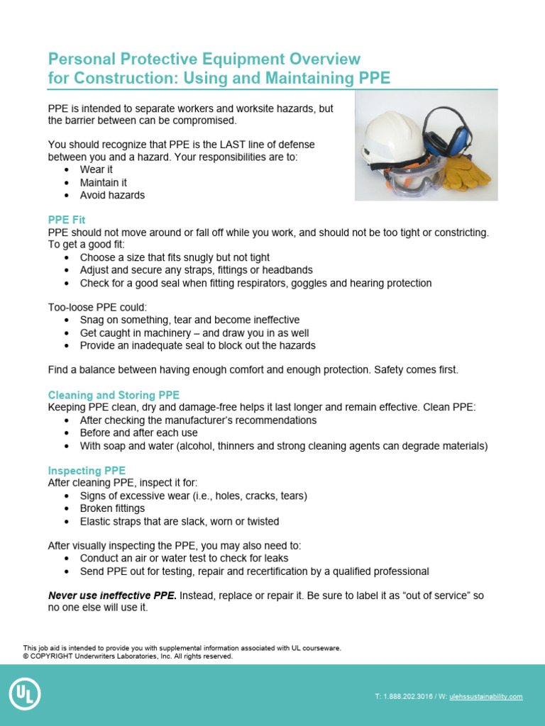PPE Overview For Construction Using and Maintaining Job Aid Final | PDF