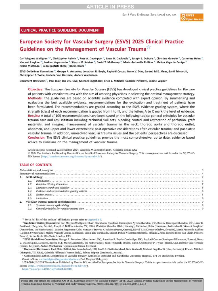 ESVS 2025 Guidelines for Vascular Trauma | PDF | Medical Specialties ...