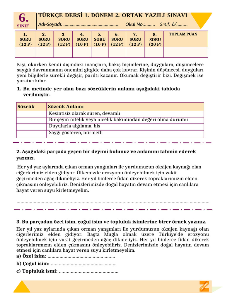 6.SINIF-1.-DONEM-2.YAZILI-Z-TURKCE-MEB-SENARYO-1 | PDF