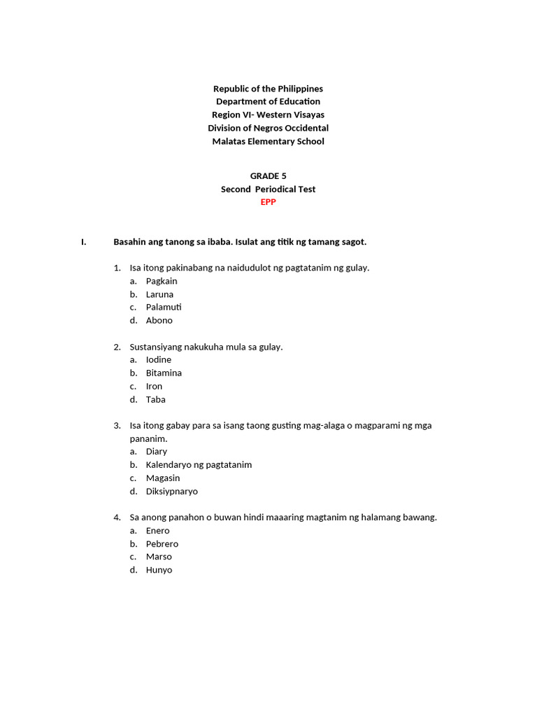 EPP Gr. 5, 2nd Periodical Test | PDF