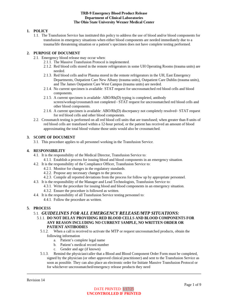 Emergency Blood Product Release Policy | PDF | Blood Type | Blood ...