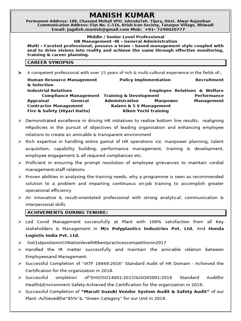 Resume - Manish - Kumar - HR - MGR 01052024 | PDF | Human Resources ...