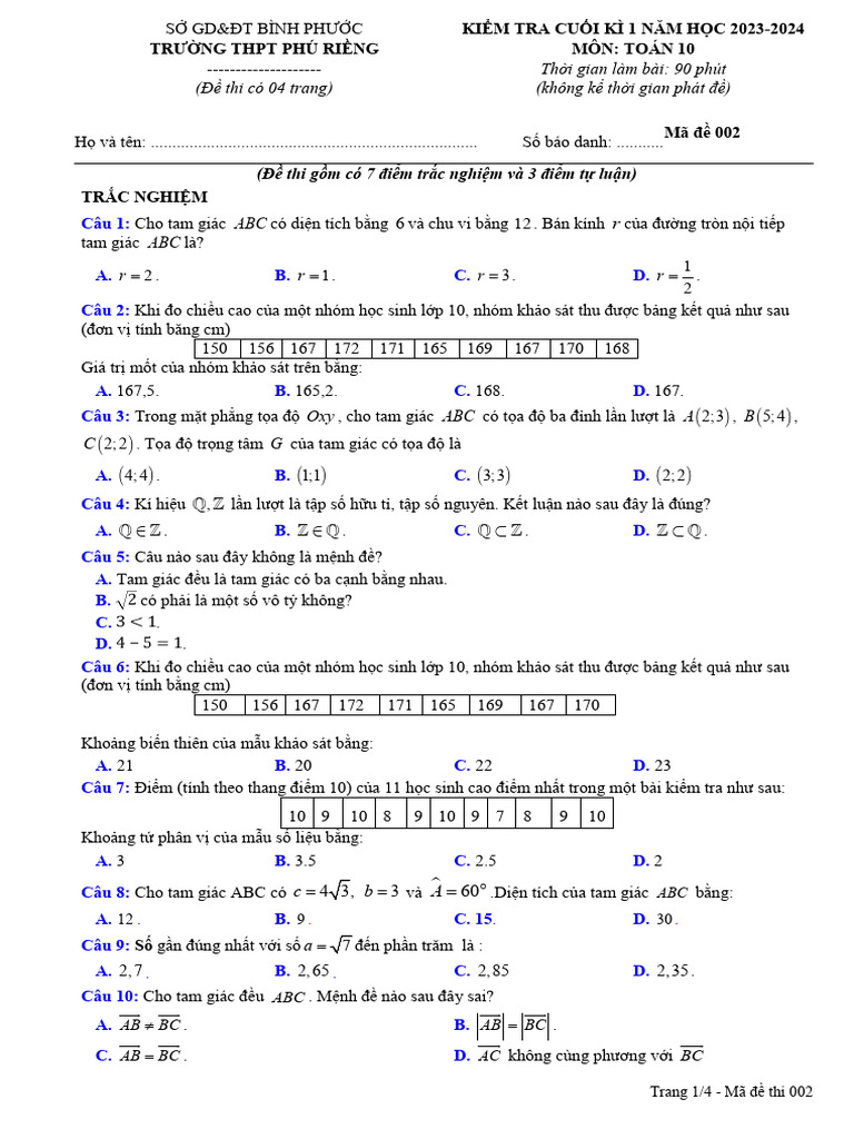 De Cuoi Ki 1 Toan 10 Nam 2023 2024 Truong Thpt Phu Rieng Binh Phuoc | PDF