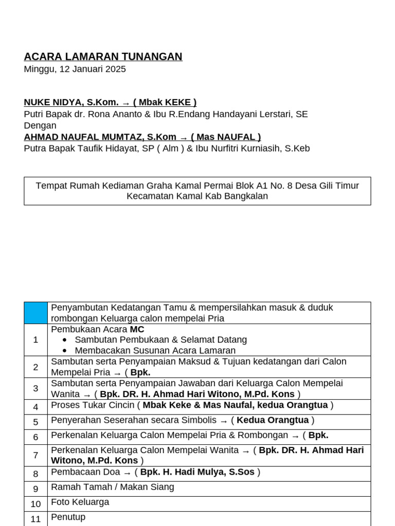 ACARA LAMARAN TUNANGAN Bu Tantin | PDF