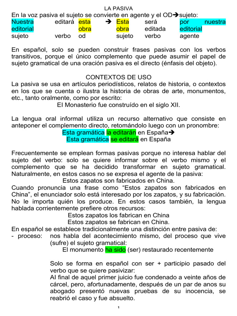 La Pasiva. Expresión de La Impersonalidad | PDF | Verbo | Asunto ...