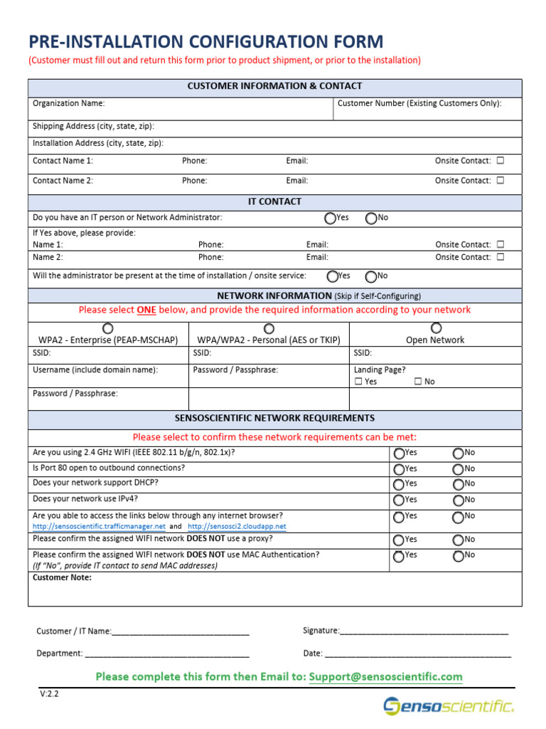 SensoScientific Pre-Installation Configuration Form - Client Name - To Be Completed by Customers ...