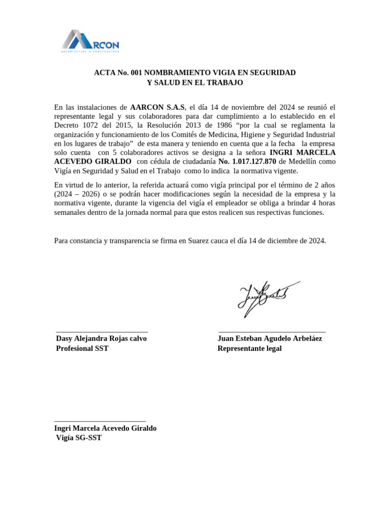 12. ACTA NOMBRAMIENTO VIGIA COPASST | PDF