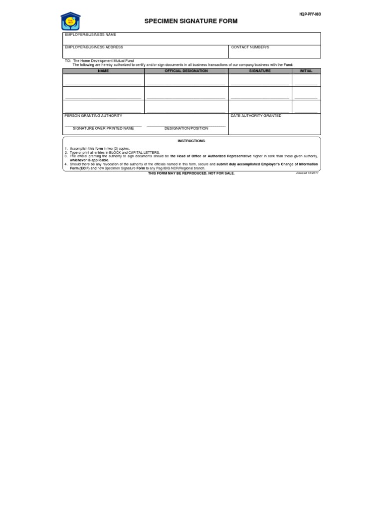 Pag-IBIG Specimen Signature Form Guide | PDF | Business