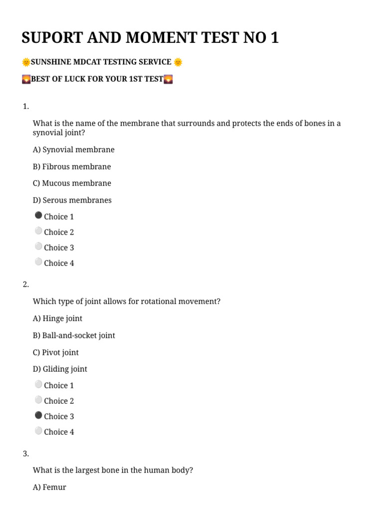 Support and Movement Test Number 1 | PDF | Bone | Anatomical Terms Of ...