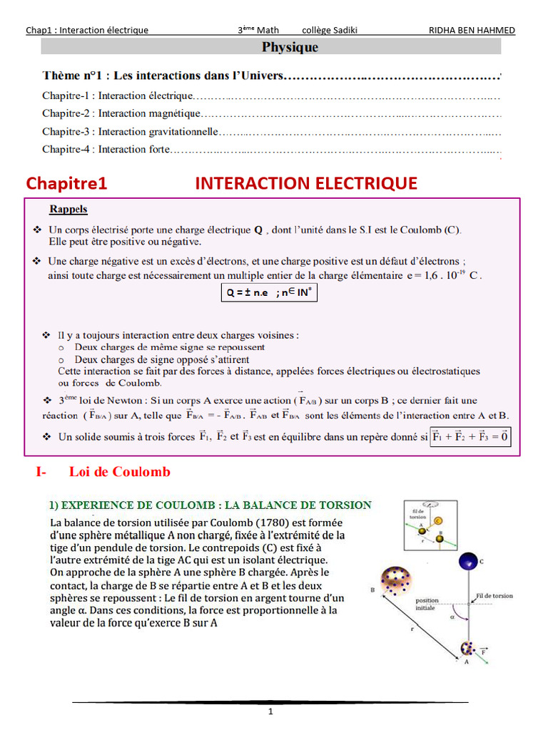 CP1 Interaction électrique | PDF