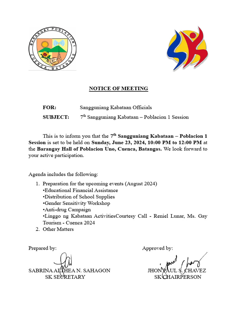 SK Poblacion 1 Meeting Notice | PDF