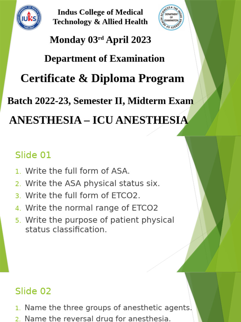 Anesthesia Midterm Exam Questions 2023 | PDF