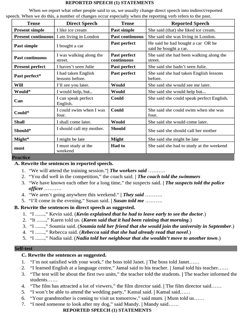 Reported Speech 1 Statements | PDF | Languages | Foreign Language Studies