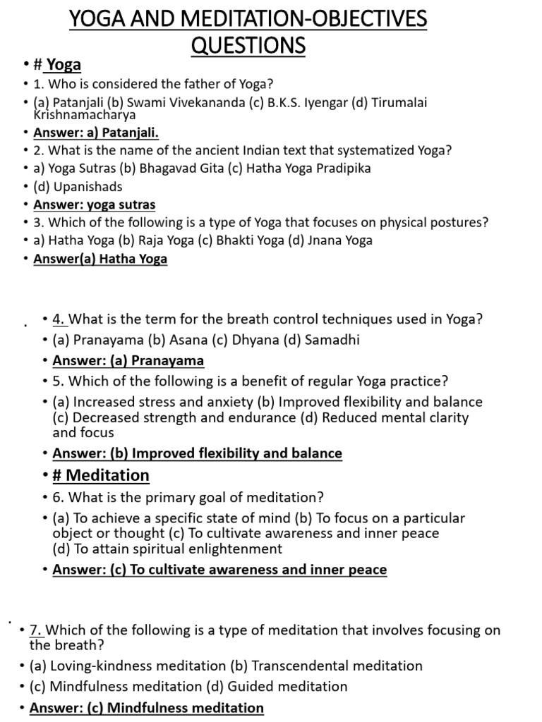 Yoga and Meditation-Objectives Questions | PDF | Ashtanga Vinyasa Yoga | Yoga