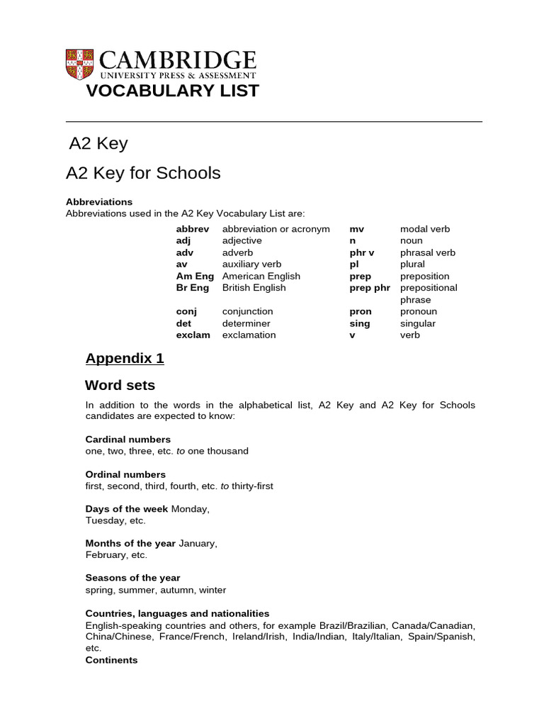 A2 Key Vocabulary List E6 | PDF | English Language | Verb