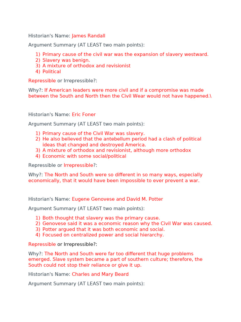 Civil War Historians Sheet (Complete) | PDF