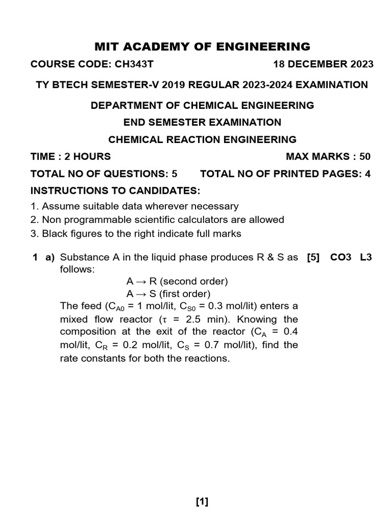 TY Btech_CH_Chemical Reaction Engineering_SEM-V_DEC 2023 | PDF | Chemical Reactor | Gases