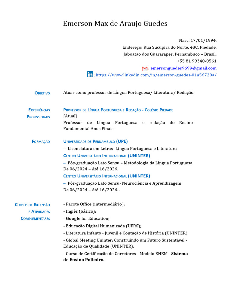 Currículo - Professor de Língua Portuguesa - Emerson Guedes | PDF