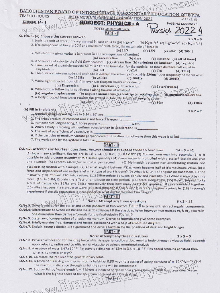 Past Papers 2022 Quetta Board FSC Part 1 Physics | PDF