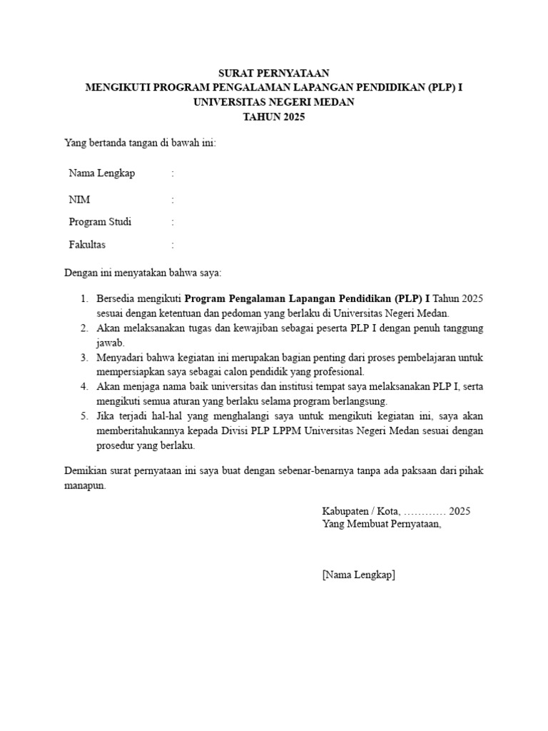 Surat Pernyataan Mengikuti PLP I Tahun 2025 | PDF