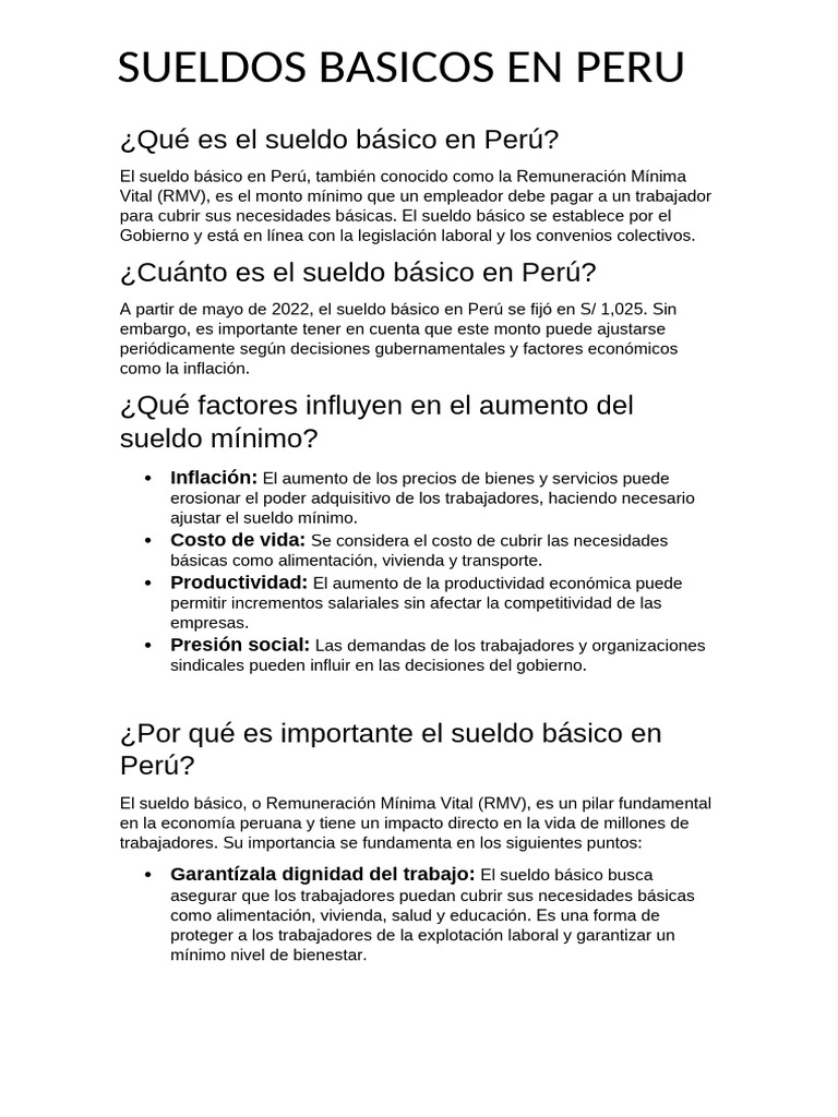 Sueldo Básico en Perú: Actualidad y Evolución | PDF | Costo de la vida ...