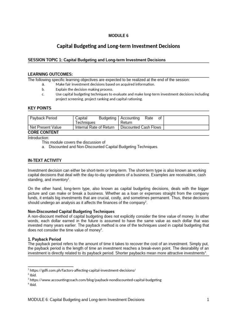 MODULE 6 Capital Budgeting and Long Term Investment Decisions 1 | PDF ...