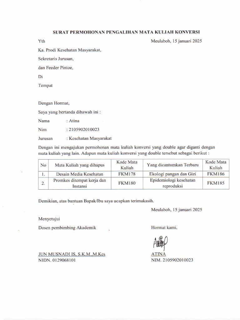 Surat Permohonan Pengalihan Mata Kuliah Konversi Atina | PDF