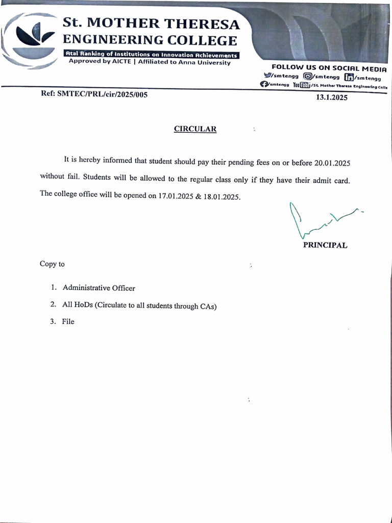 Pending Fees Circular | PDF