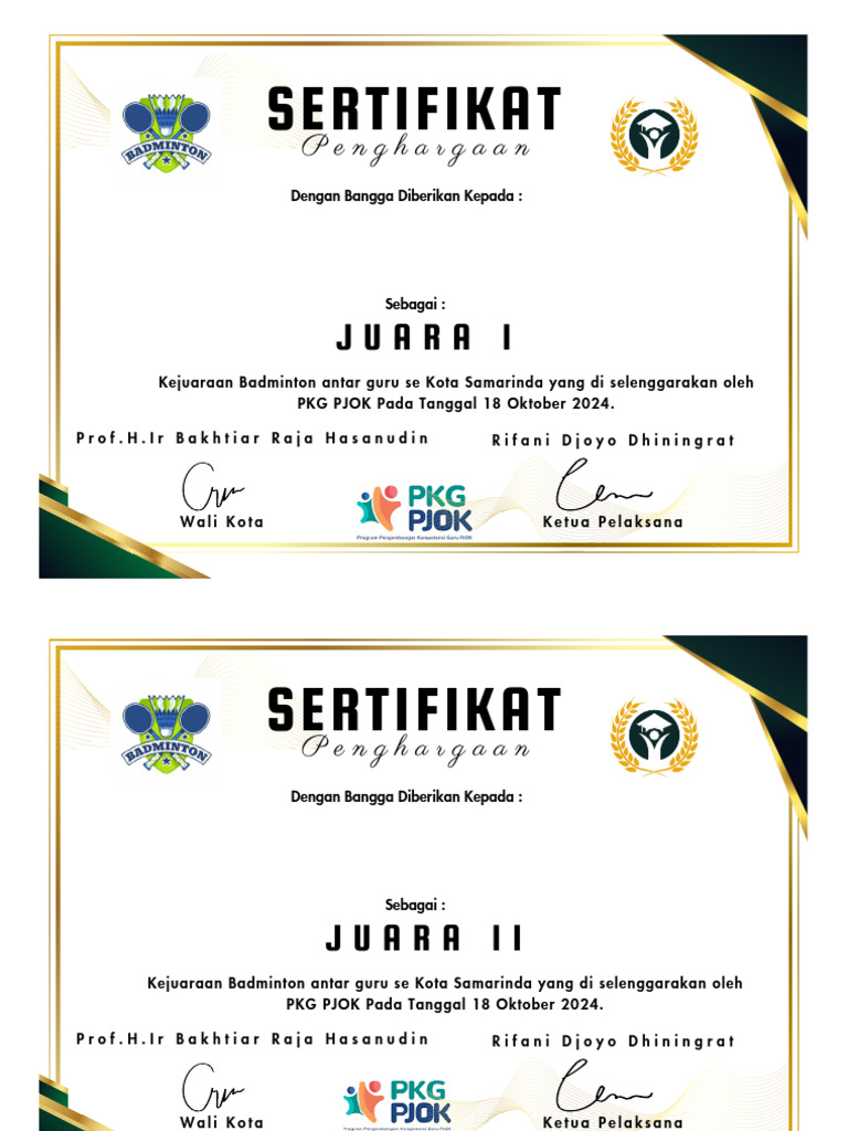 Sertifikat Piagam Penghargaan Pemenang Lomba Badminton Simple Navy | PDF