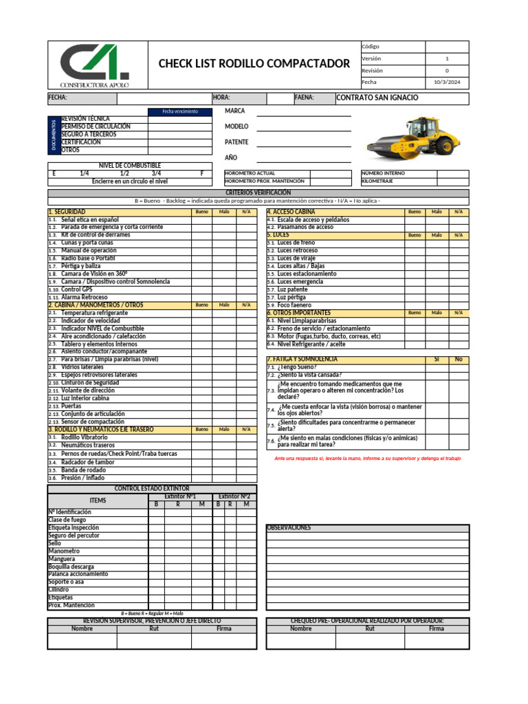 Check List Rodillo Compactador | PDF | Vehículo de motor | Tecnología ...