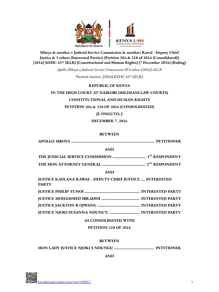Apollo Mboya V Judicial Service Commission & 6 Others (2016) eKLR | PDF ...
