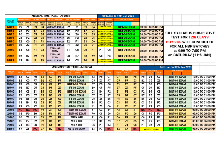 TimeTable - Medical - 6 To 12 Jan | PDF