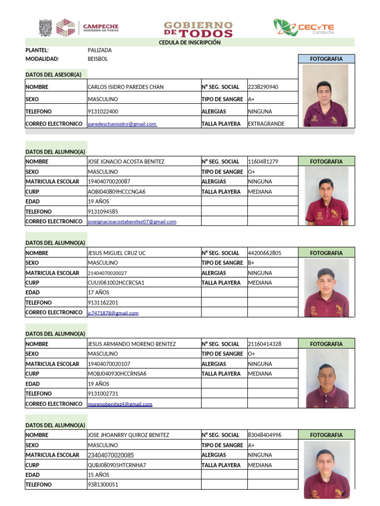 Cedula De Inscripcion Beisbol Plantel Palizada Pdf