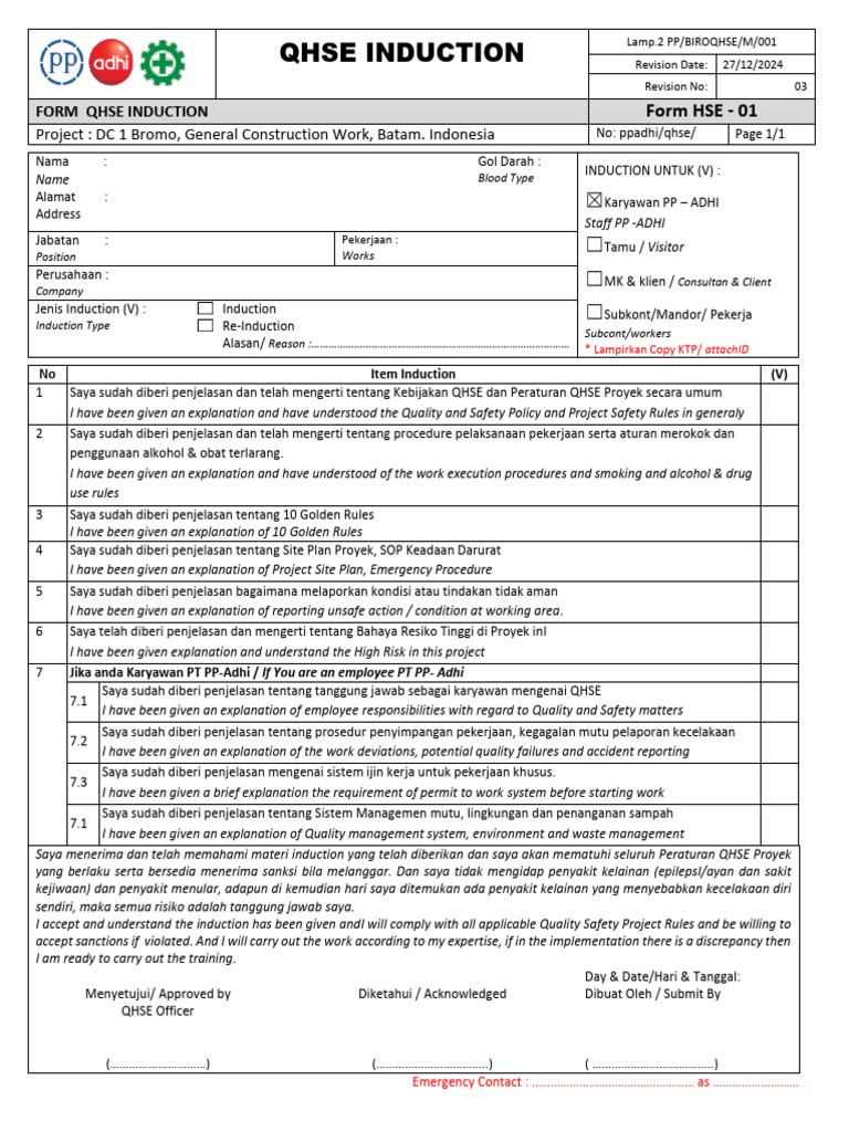 QHSE Induction Form | PDF