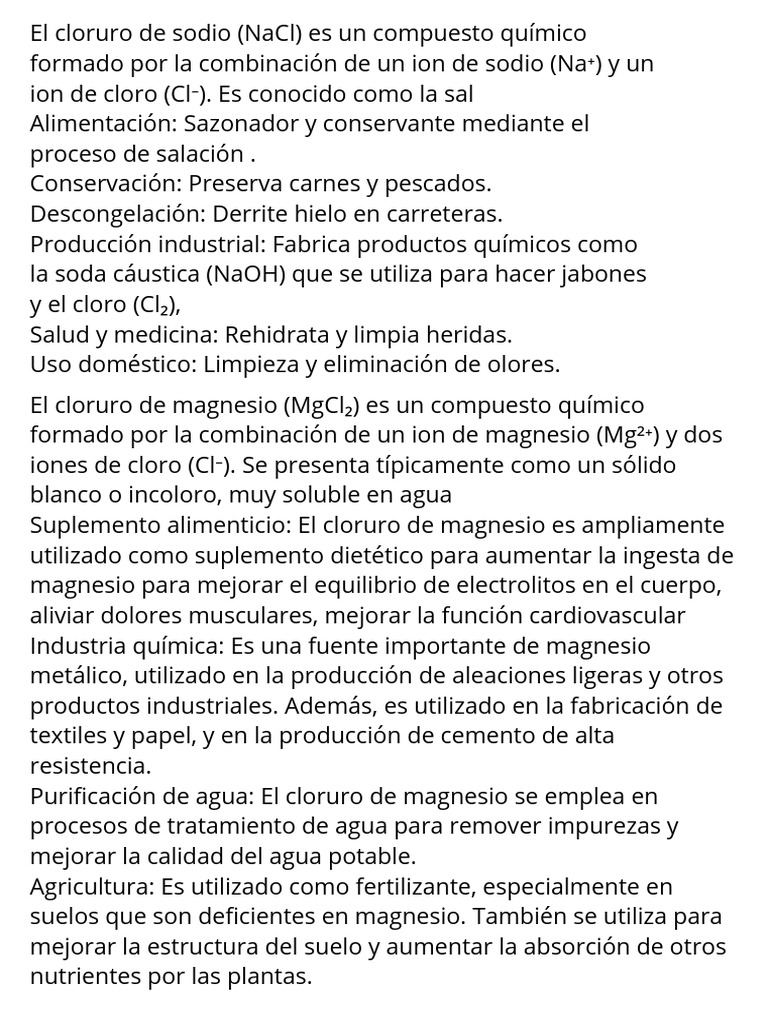 El Cloruro de Sodio (NaCl) Es Un Compuesto Químico Formado Por La ...